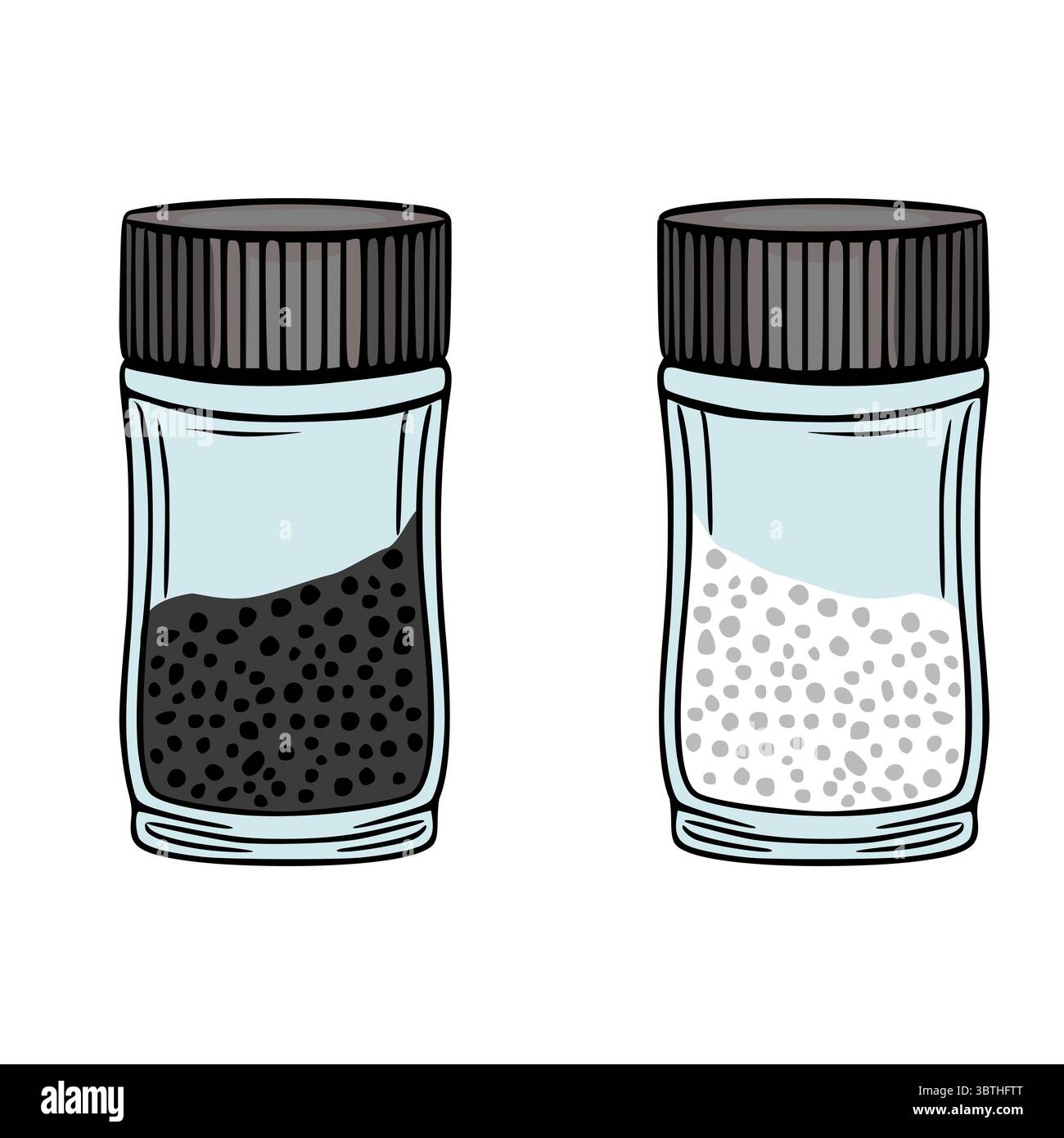 Vector illustration of two glass jars with black pepper and salt, hand ...