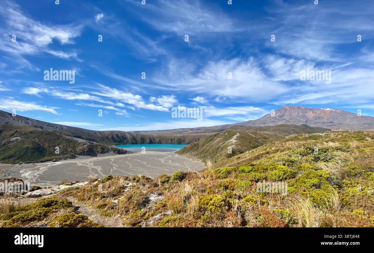 Vibrant turquoise crater lake on Tama Lake Trail, surrounded by rugged ...
