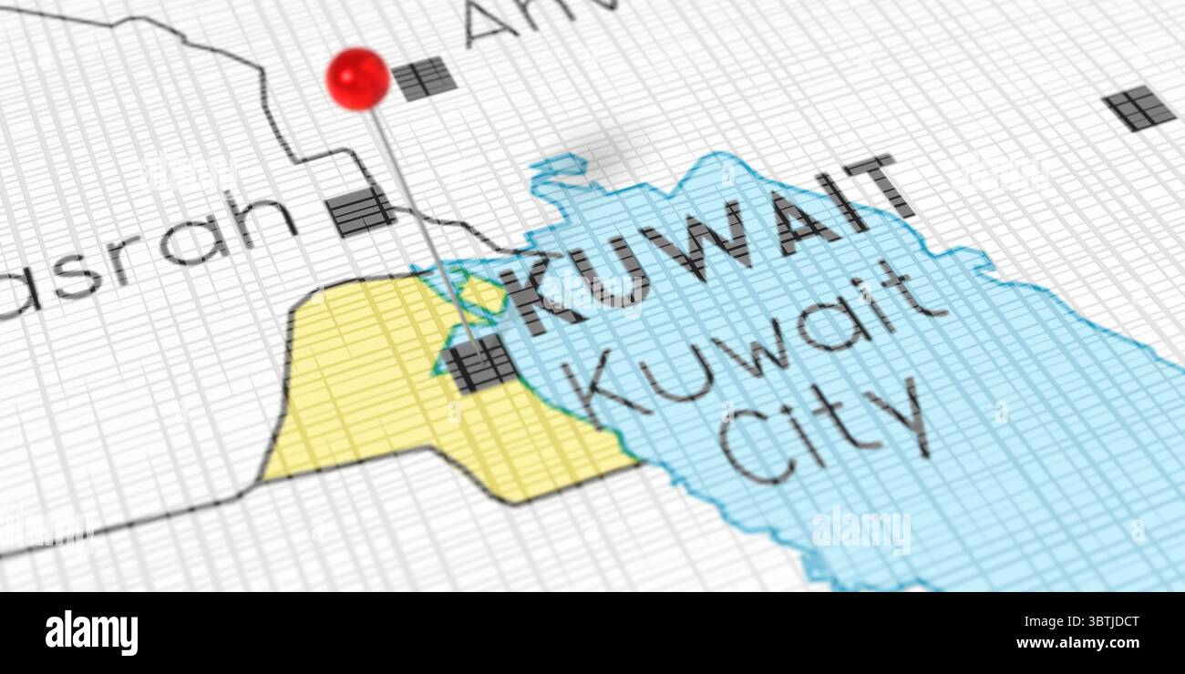 Kuwait, Kuwait City - push pin on political map - 3D illustration Stock ...