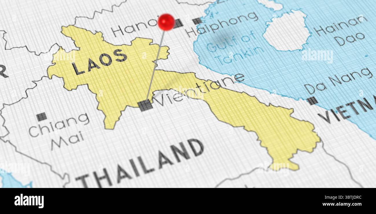 Laos, Vientiane - push pin on political map - 3D illustration Stock ...