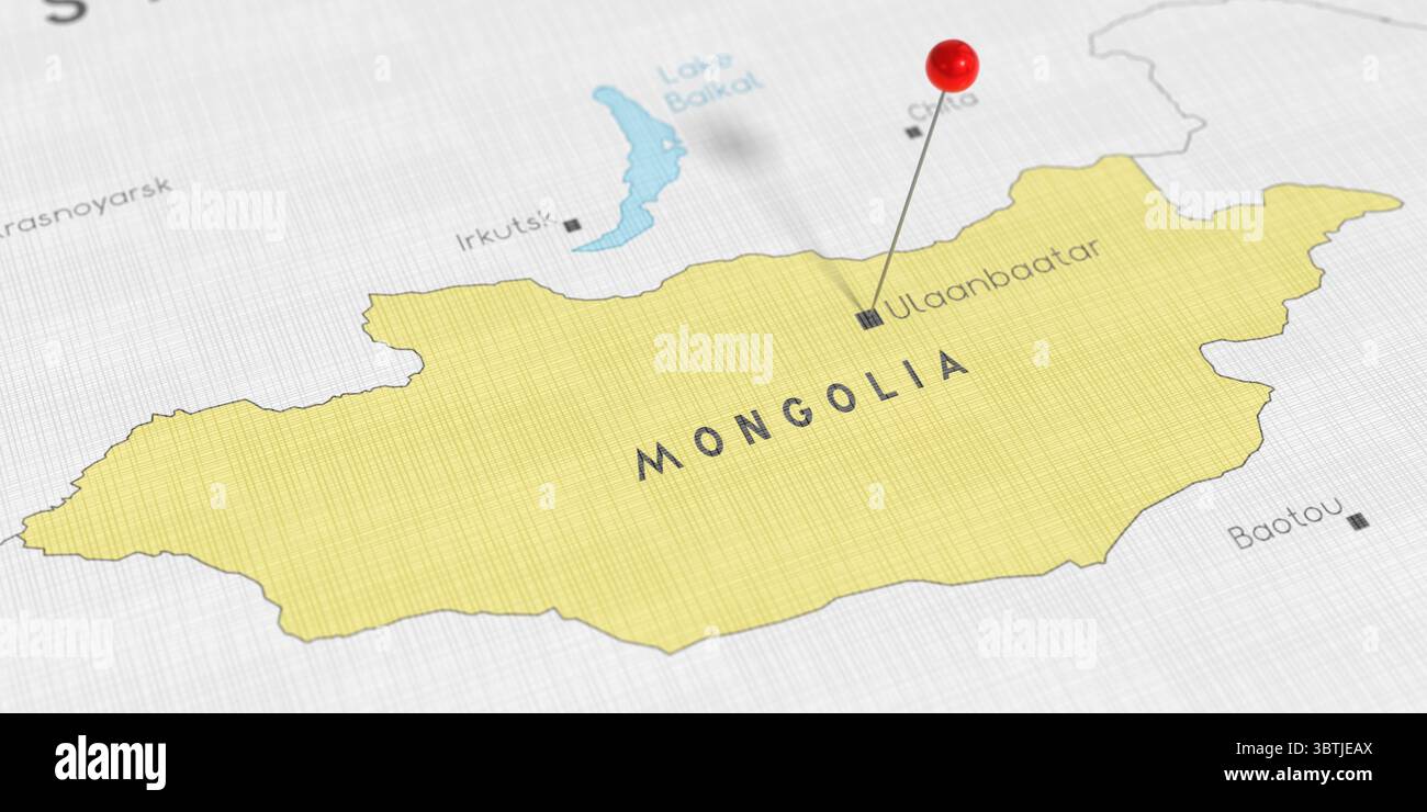 Mongolia, Ulaanbaatar - push pin on political map - 3D illustration ...