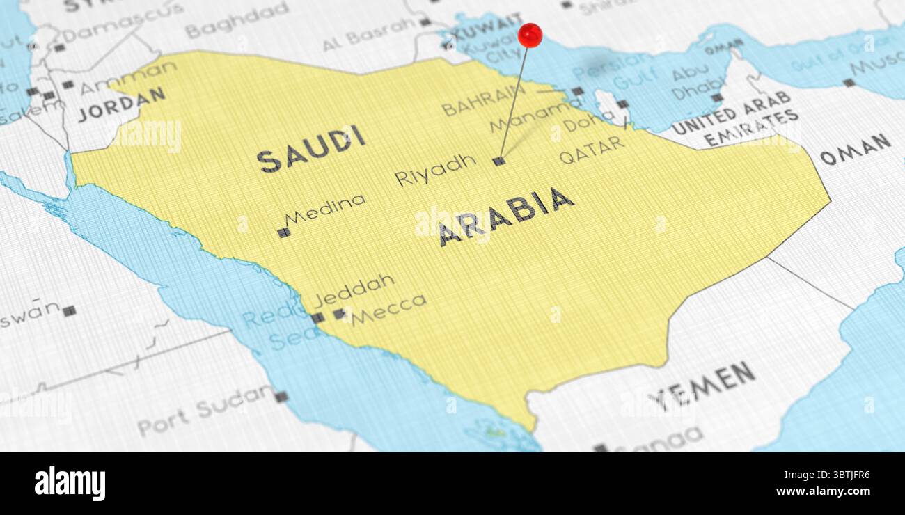 Saudi Arabia, Riyadh - push pin on political map - 3D illustration ...