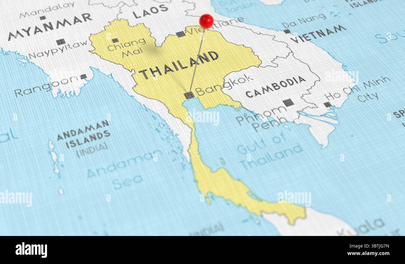 Thailand, Bangkok - push pin on political map - 3D illustration Stock ...