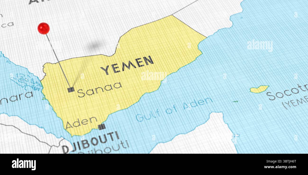 Yemen, Sanaa - push pin on political map - 3D illustration Stock Photo ...