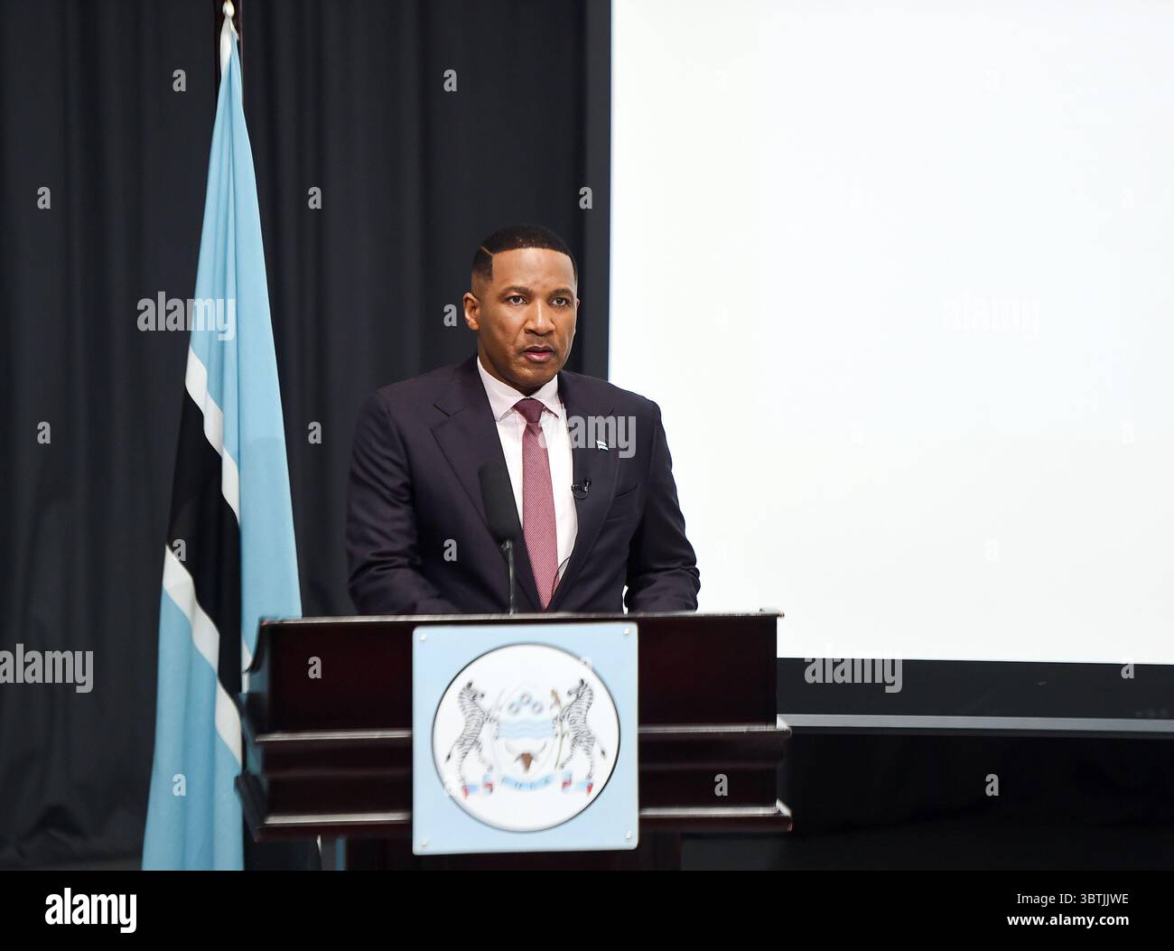 Gaborone, Botswana. 15th July, 2025. Botswanan President Duma Boko speaks at an event unveiling ...