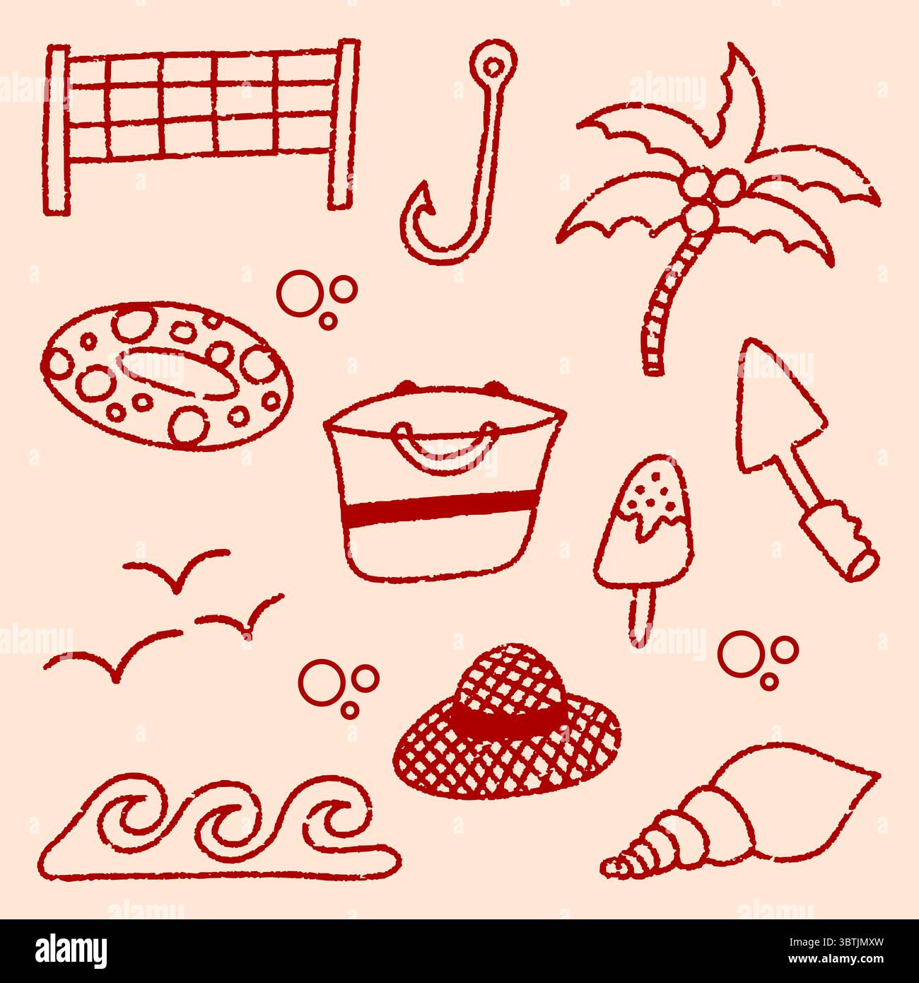 Hand drawn summer beach icons set featuring seashell, waves, and cute ...