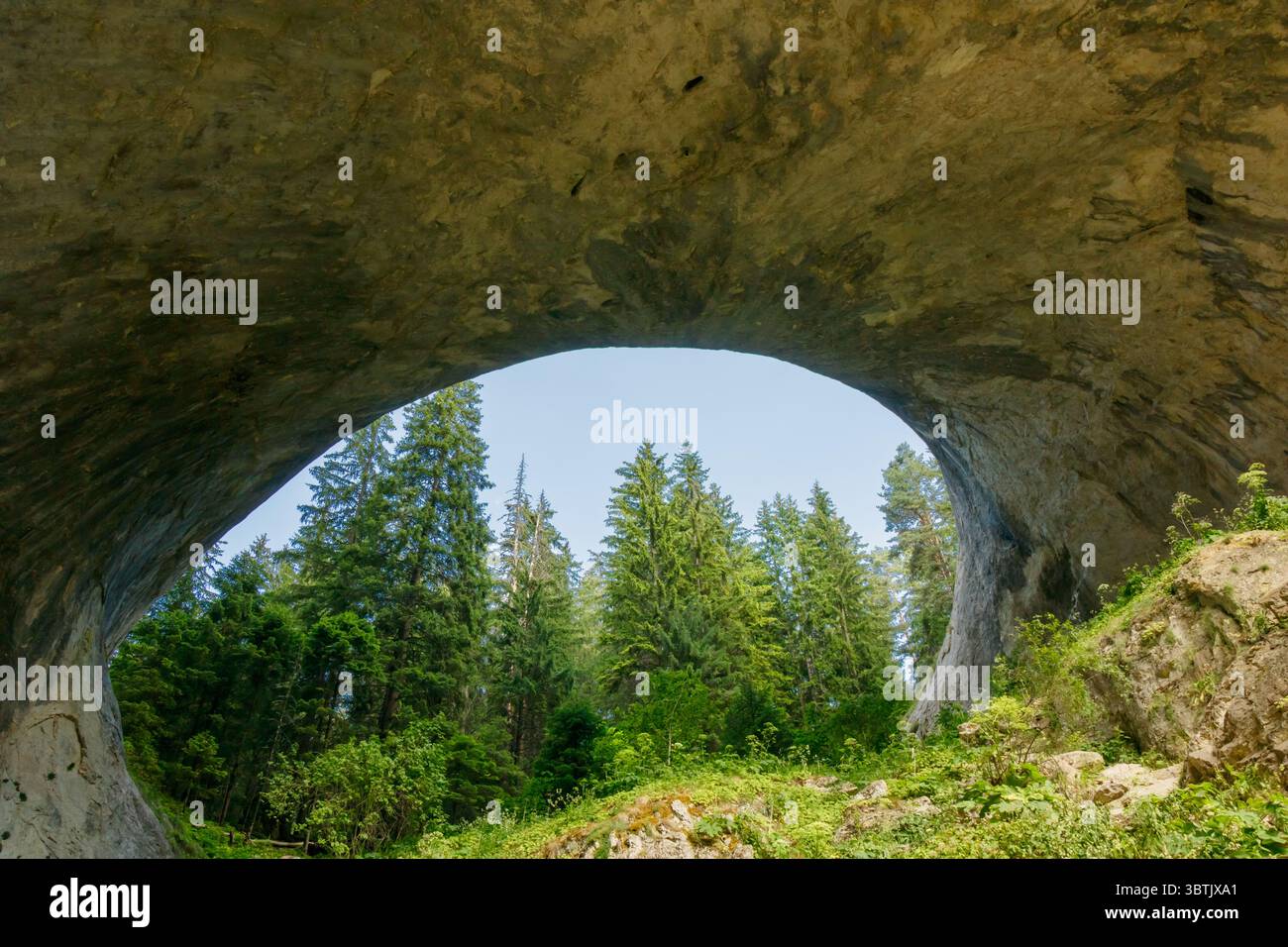A stunning rock arch showcases a clear blue sky above, surrounded by ...