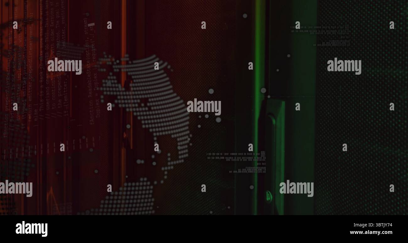 Streaming numeric code lines cascading over red gradient in data center ...