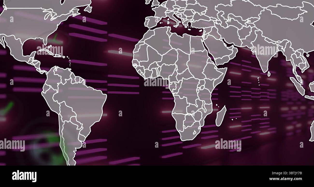 Displaying world map outlines over digital interface, showing moving ...