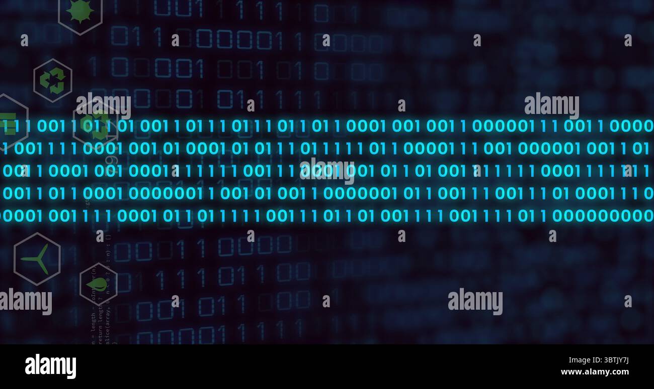 Glowing cyan binary stripe running across digital data network interface, with green hexagon ...