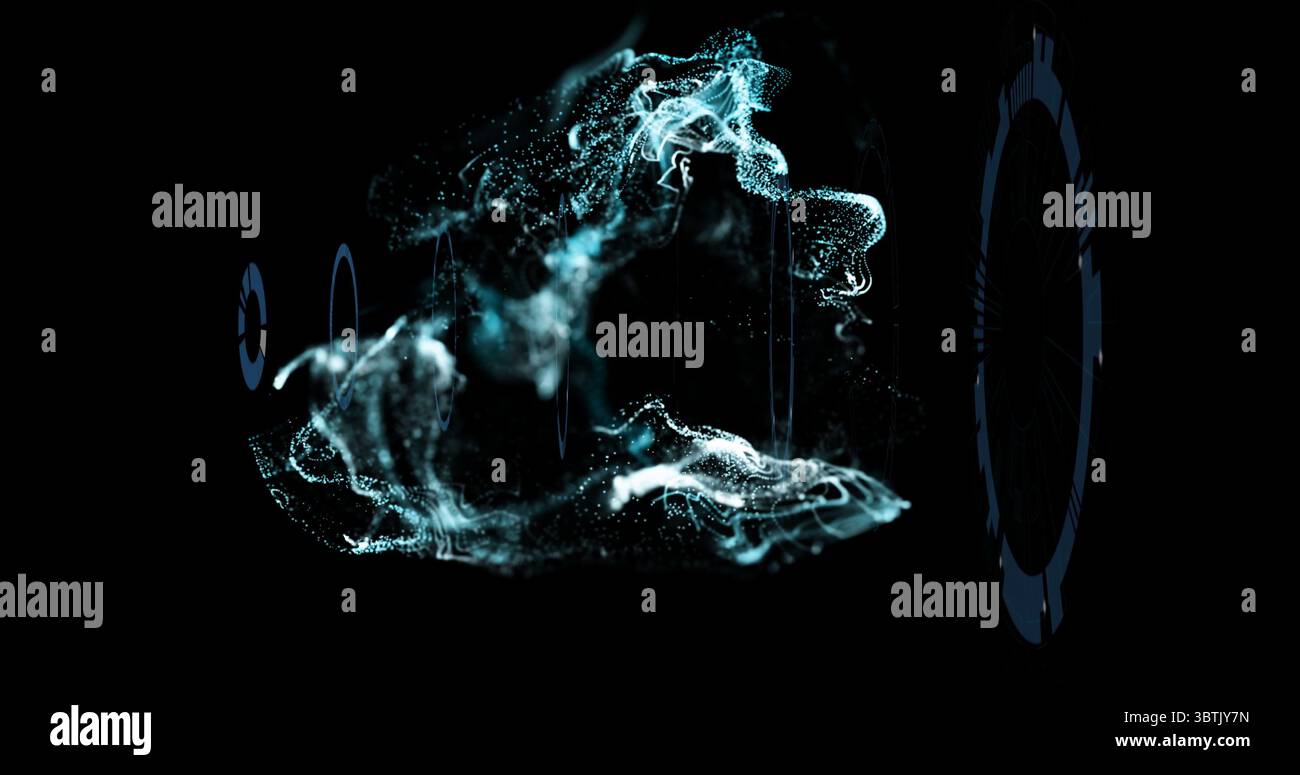 Swirling blue-white particle cloud forming fluid smoke shapes in ...