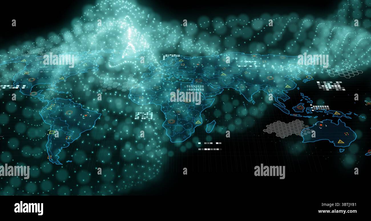 Displaying neon blue world map on dark grid interface, showing cyan ...