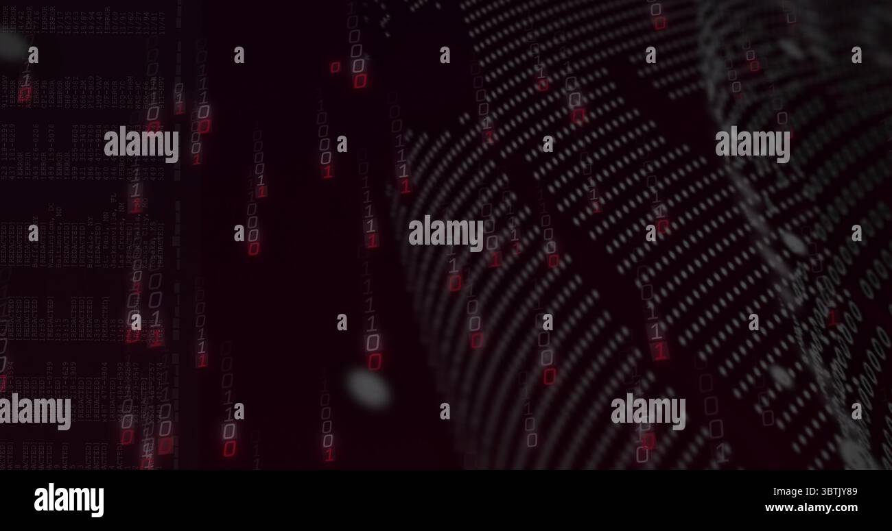 Streaming binary digits cascading over code columns in digital system, with curved binary ...
