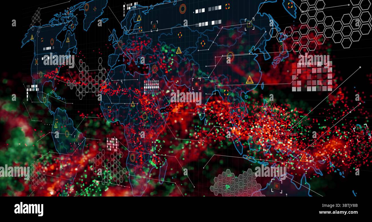 Displaying digital global map with red and green data points in virtual interface, hex grid ...
