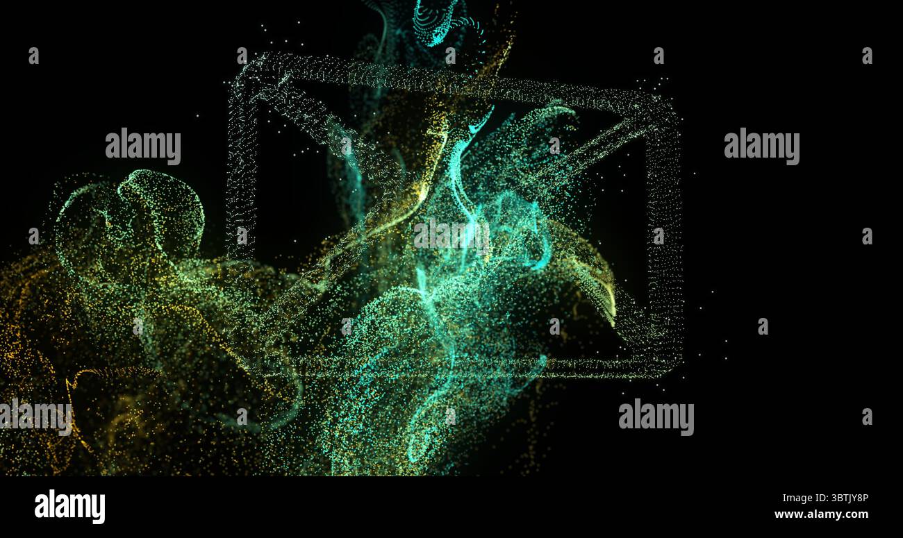 Swirling clusters of glowing particles forming rectangular frame in ...