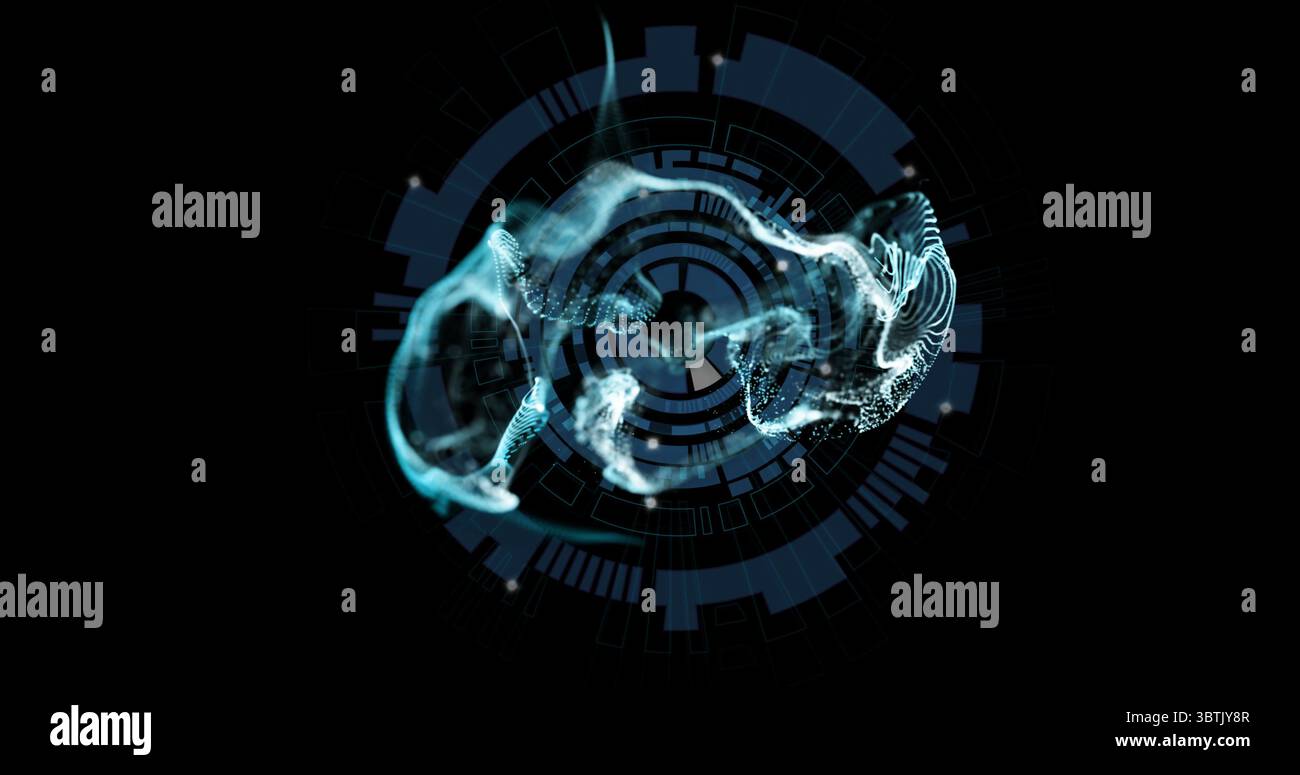 Swirling digital blue-green particle ribbon looping in virtual ...