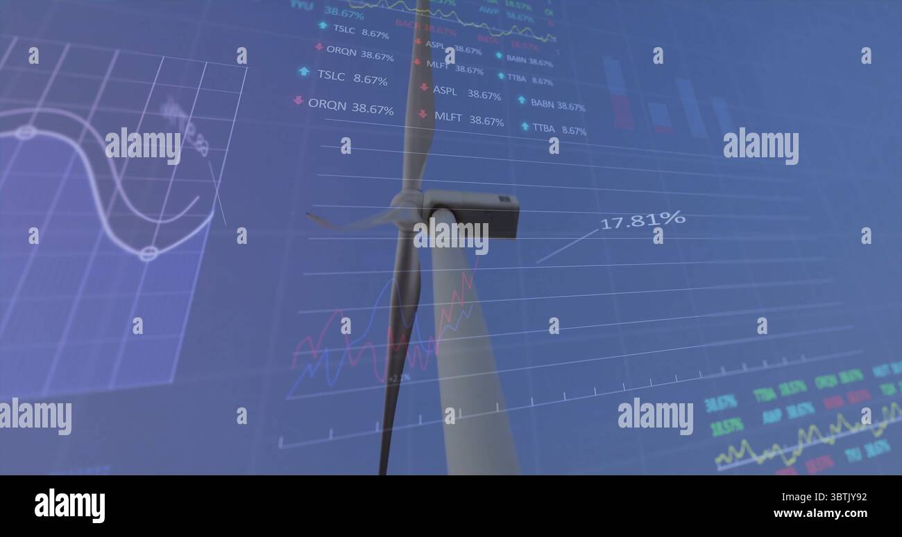 Displaying wind turbine tower and rotor hub at wind farm, with charts ...