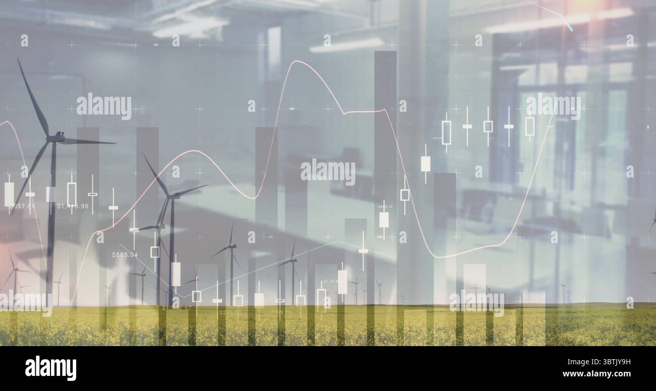 Displaying wind turbines rising from yellow field with financial chart ...