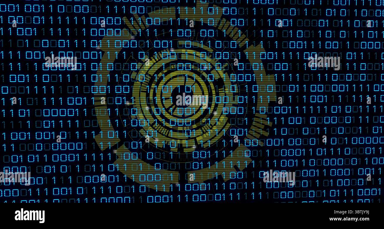 Gold circular interface rotating in data screen, with binary code and geometric interface ...