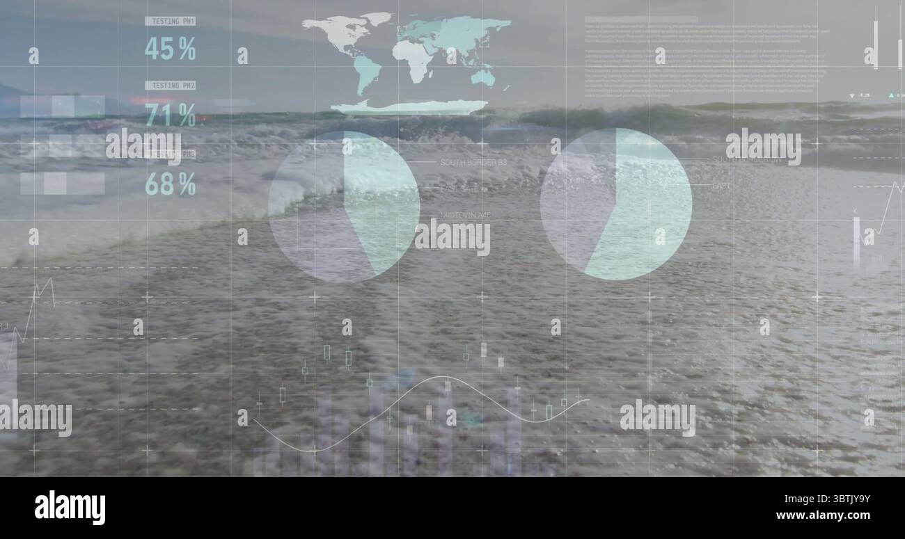 Displaying digital interface overlaying beach shore, with world map ...