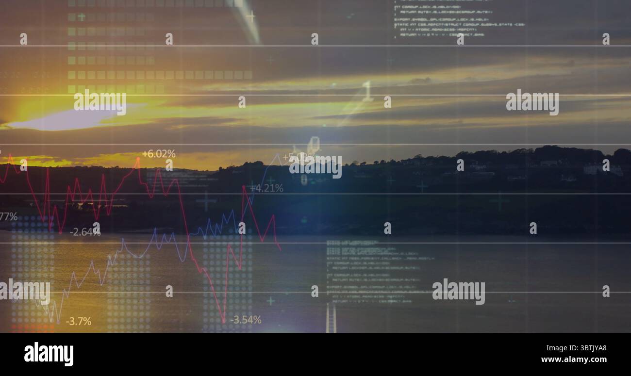 Digital financial overlay showing line charts, percentage labels and grid over lakeshore at dusk ...