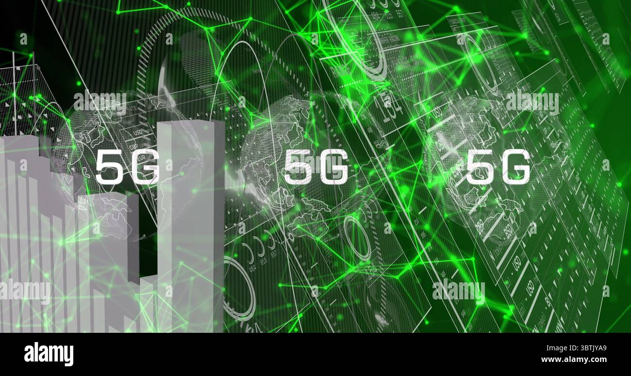 Displaying 5G label hovering over digital interface showing world map ...