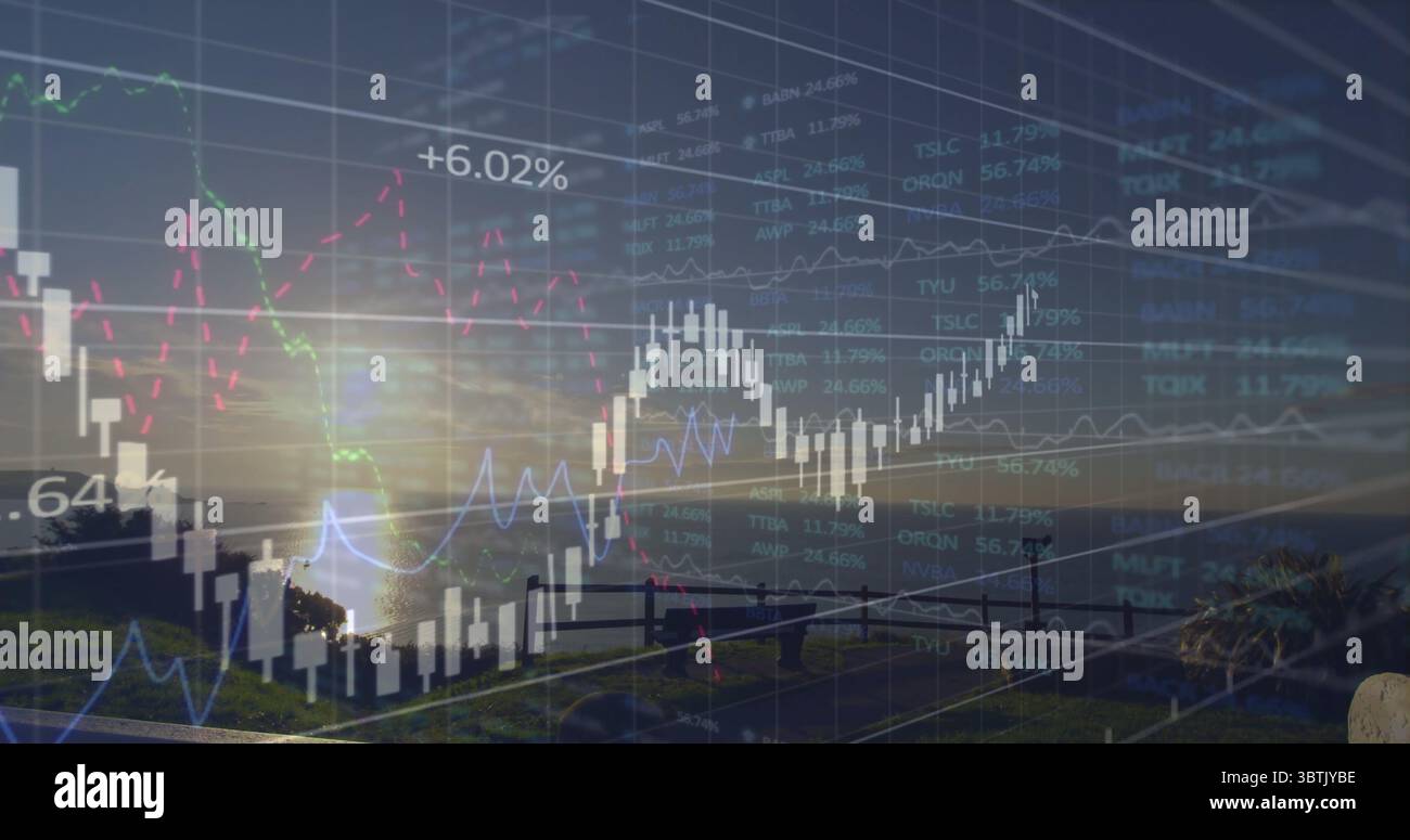 Blending financial chart overlay showing candlestick bars on seaside ...