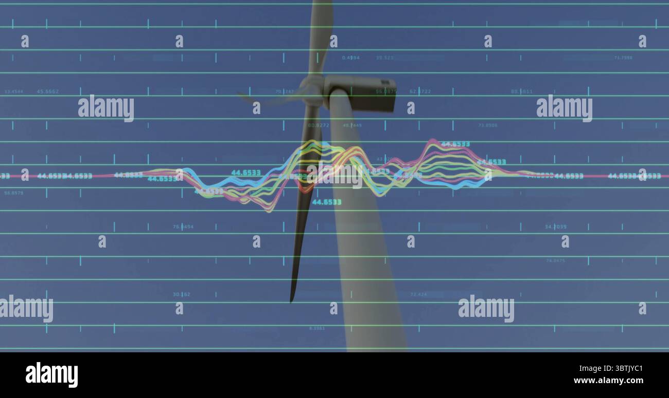 Showing wind turbine spinning blades in rural wind farm, with gridlines ...