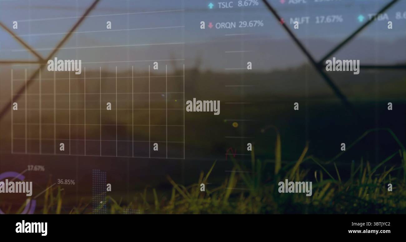 Displaying translucent financial data overlay over grassy meadow, with grid and percentage ...