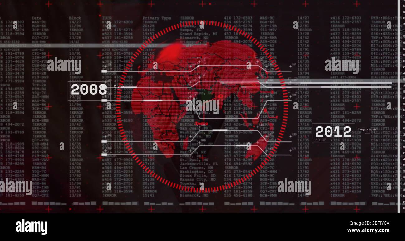 Displaying red round world map graphic linking US city labels on HUD ...