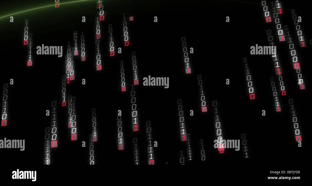 Displaying vertical streams of binary code flowing in data space, with faint green horizon line ...