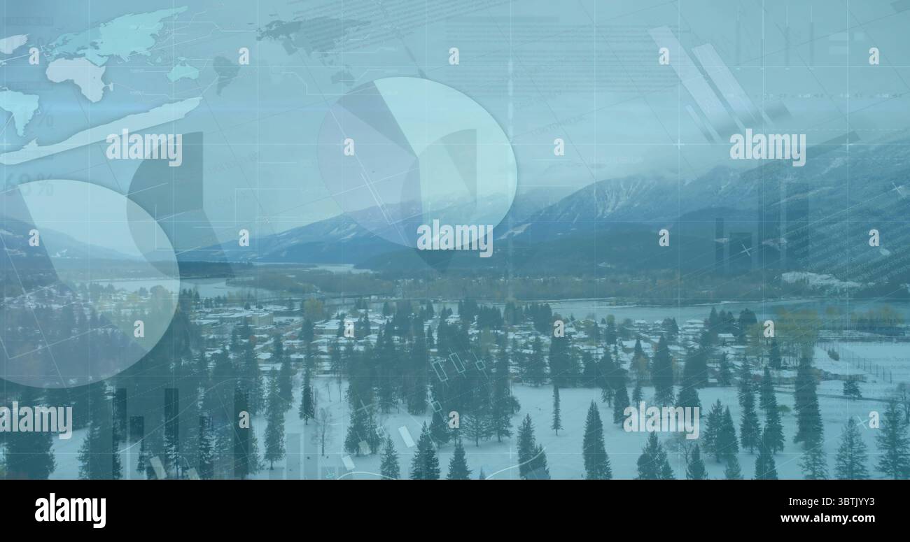 Overlaying infographics showing pie charts, bar charts and map outline ...