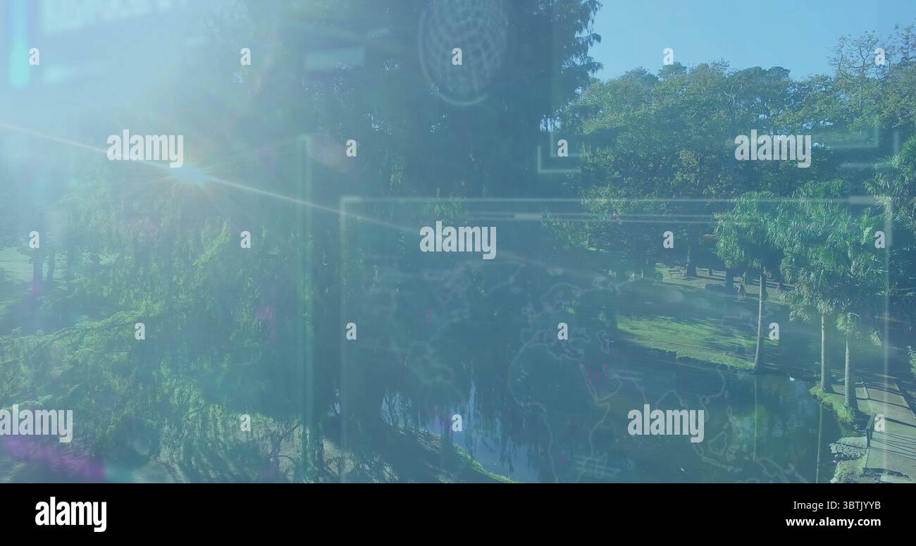 Displaying UI overlay mapping world data over pond path in city park ...