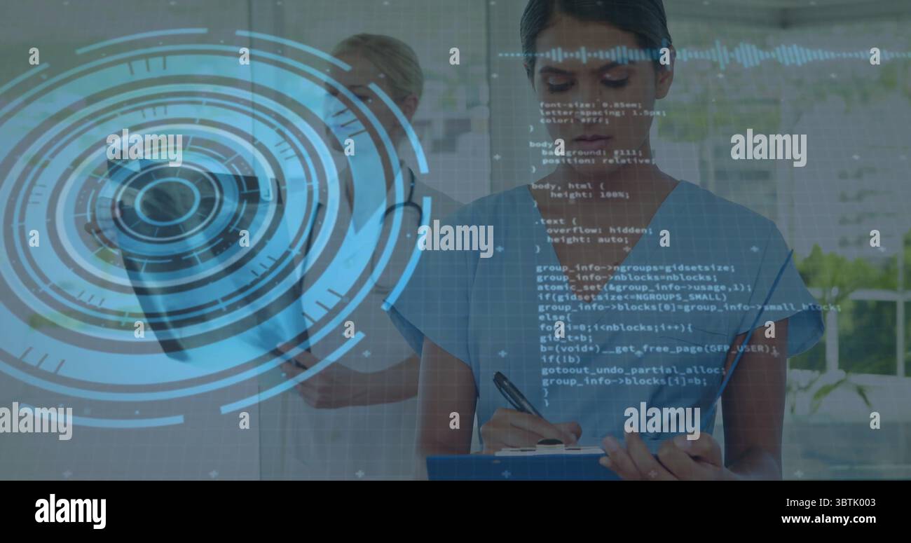 Writing patient notes provider in scrubs in clinic, with clipboard ...