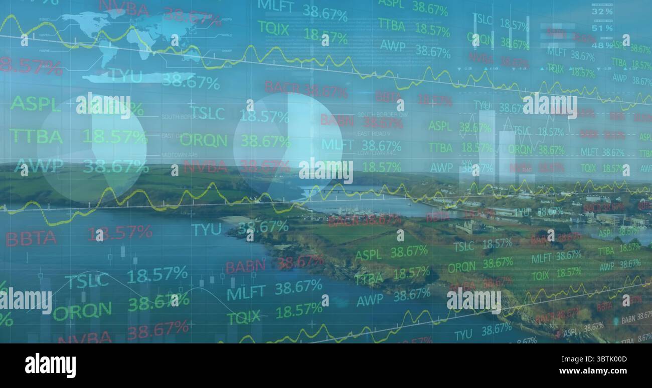 Displaying trading overlay on coastal harbor bay, with stock tickers ...