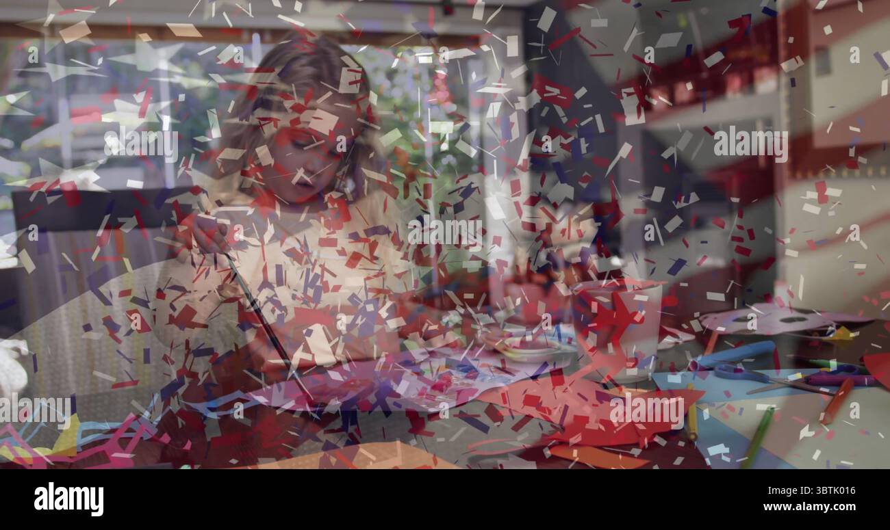 Cutting fair-skinned blonde girl creating paper shapes at playroom ...