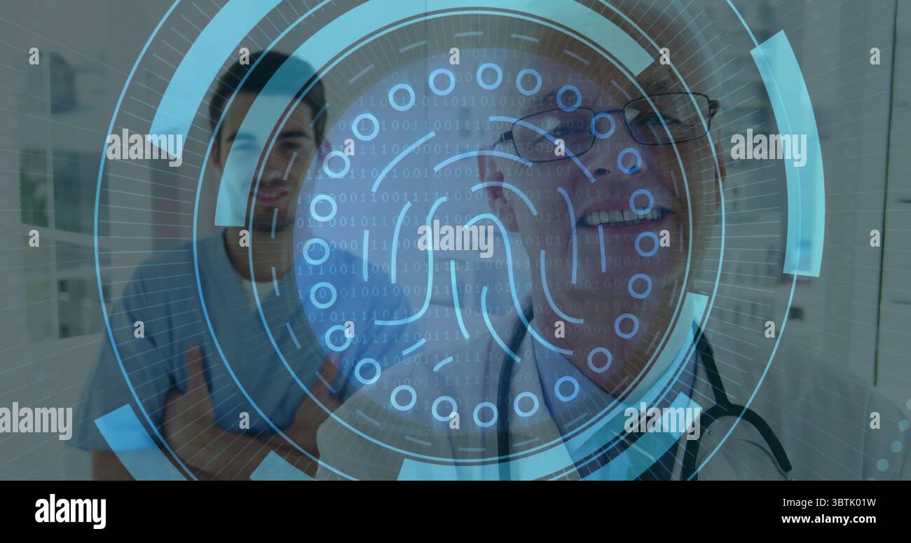 Displaying fingerprint hologram at clinic, with doctor wearing ...