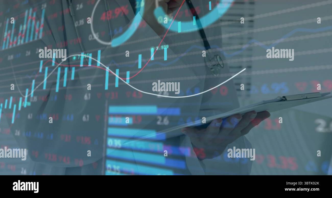 Doctor analyzing financial data overlay hi-res stock photography and ...