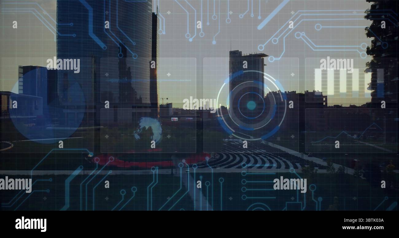 Overlaying AR UI with panels, reticle, charts, circuit traces and nodes at dusk waterfront Stock ...