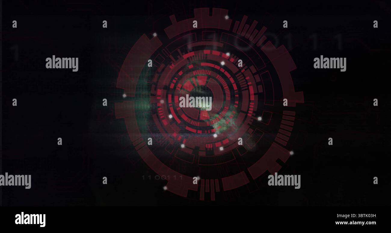 Displaying circular digital interface rotating in HUD, with rings glowing nodes and binary code ...