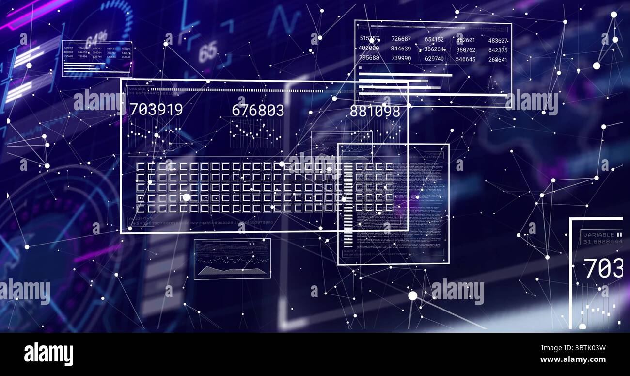 Displaying data panels with numerical readouts and bar charts at office desk, network nodes ...