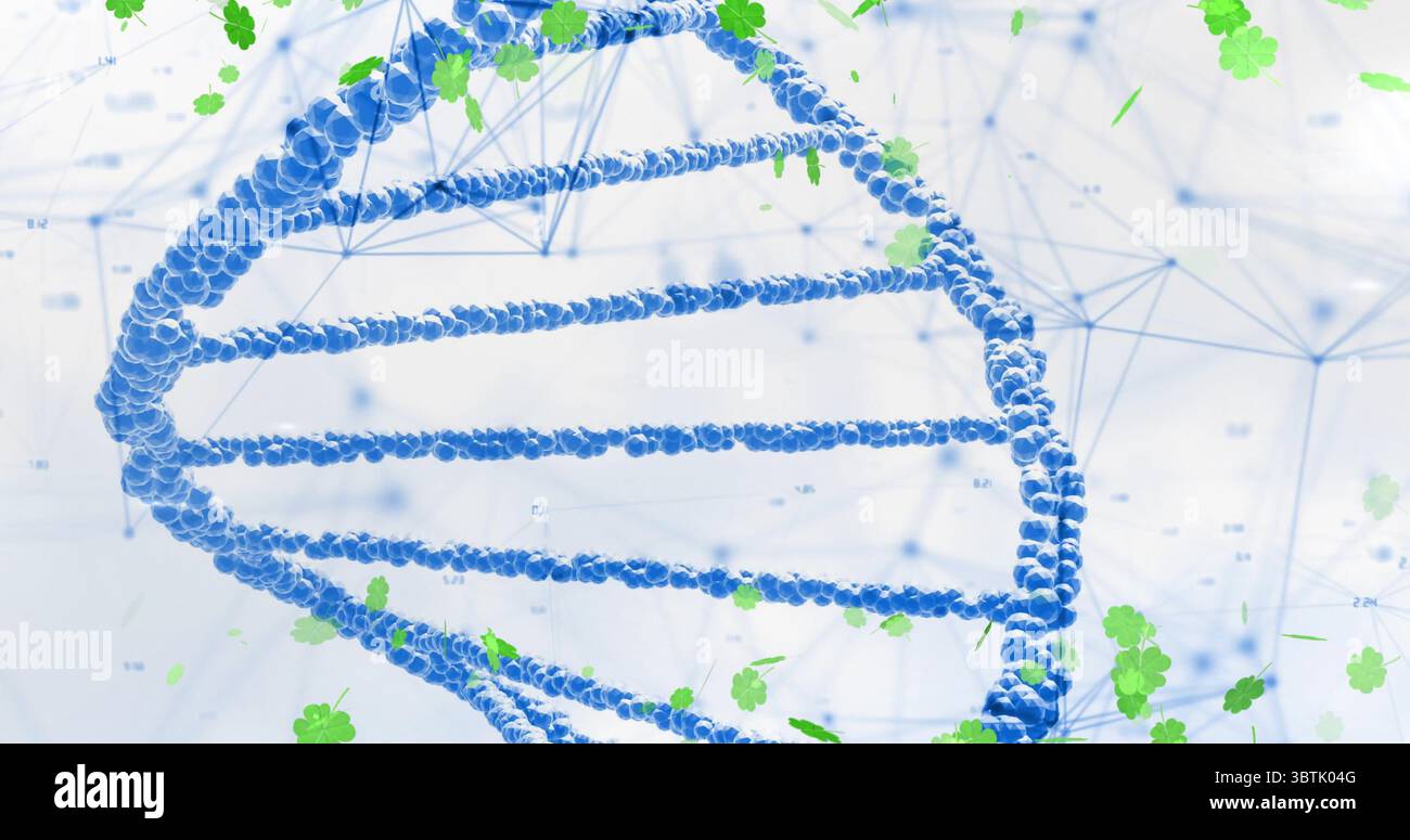 Spiraling DNA double helix weaving through digital network nodes and ...