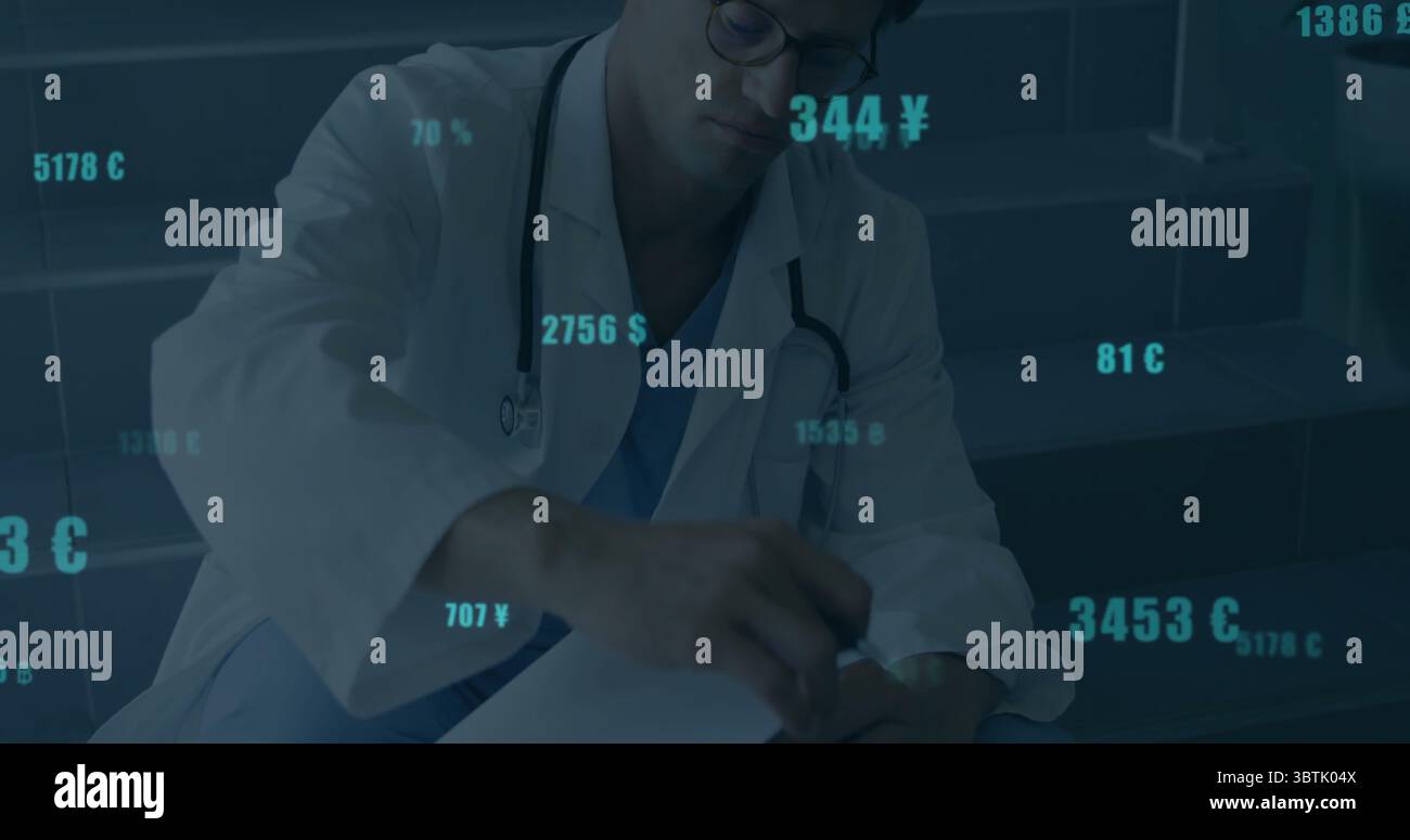 Reviewing doctor in lab coat holding clipboard and stethoscope on ...