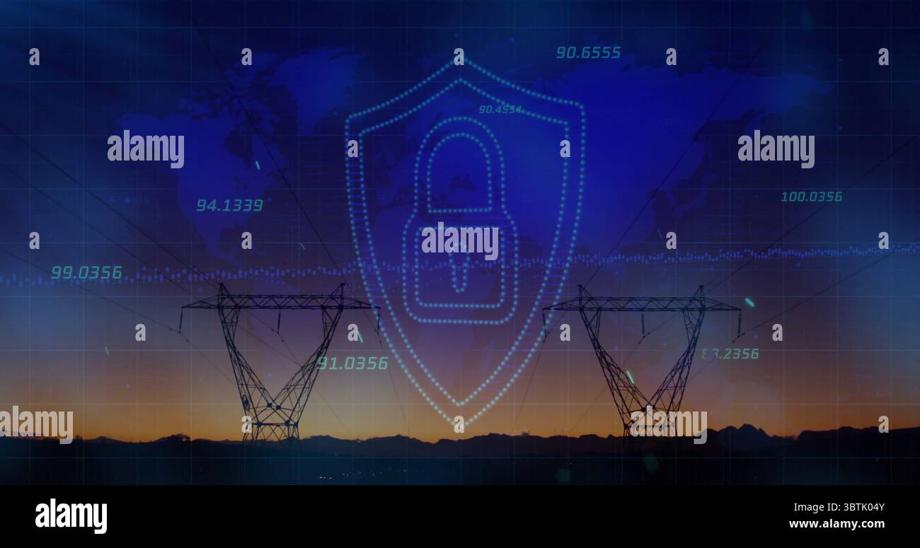 Overlaying shield with padlock icon securing towers on plain at dusk ...