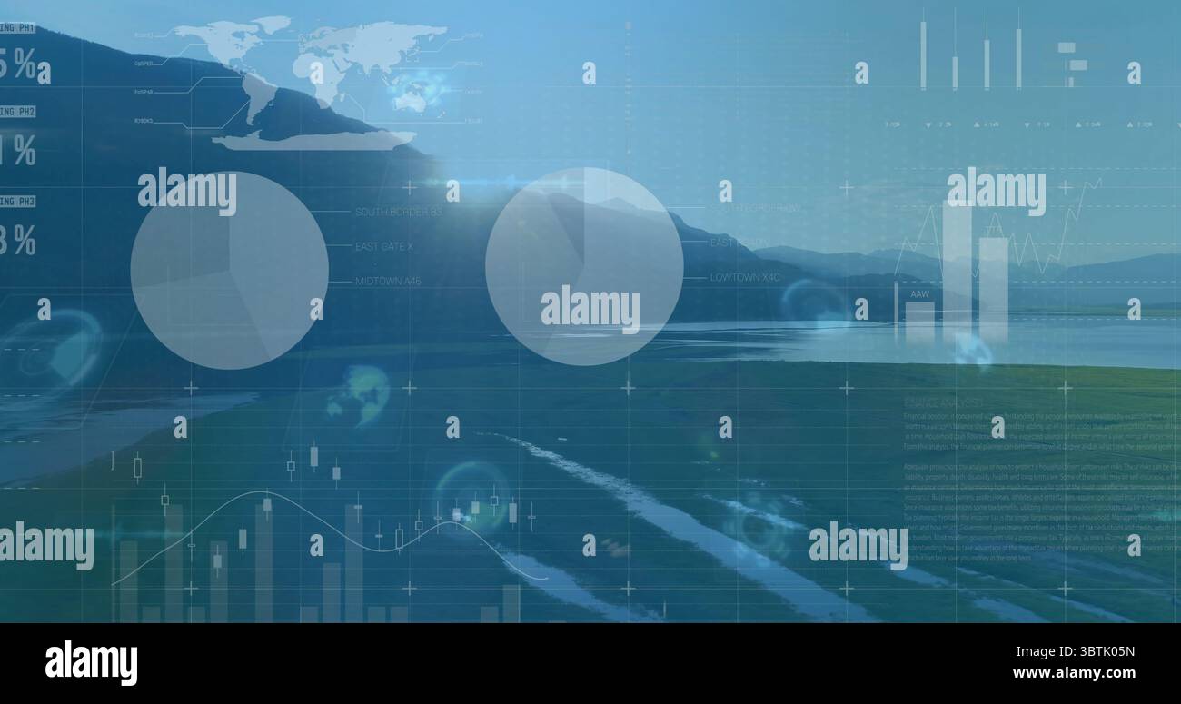 Displaying two translucent pie charts over lakeside field, with bar ...
