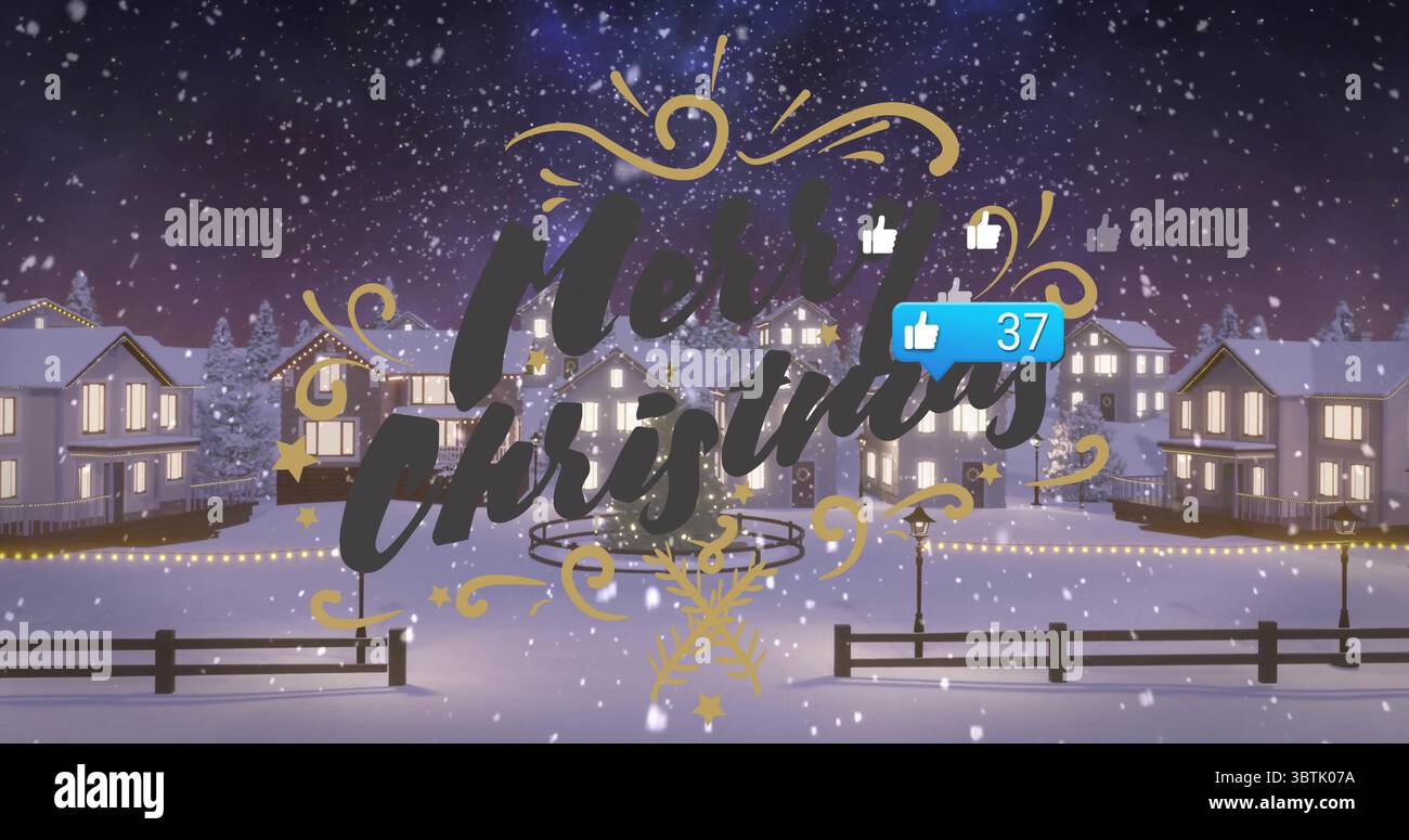 Stylized Merry Christmas text and like icon shining over snowy ...