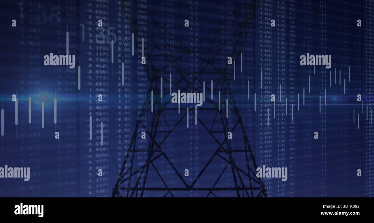 Tower silhouette standing in blue digital scene with data columns ...