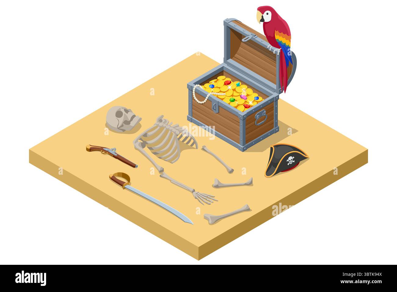 An eerie Isometric illustration of pirate treasure with a chest of gold ...