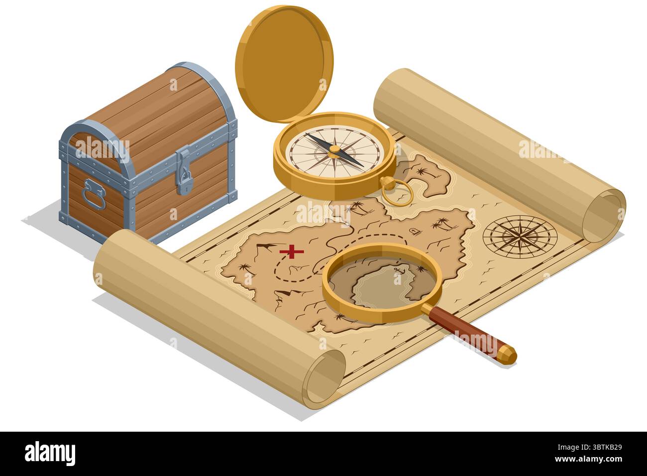 Isometric treasure map. Isometric illustration depicting a pirate treasure scene with an chest ...