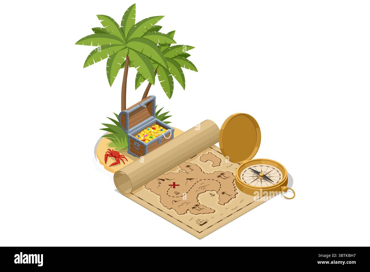 An Isometric illustration of a tropical treasure scene with an open chest of gold under palm ...